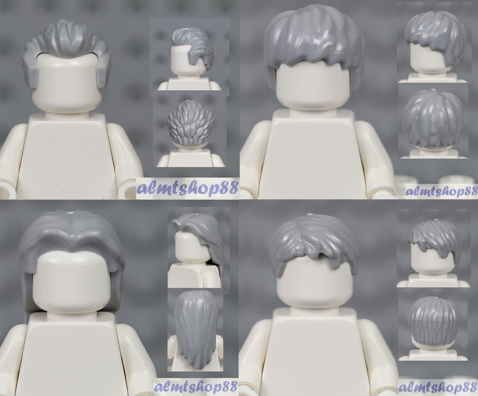 LEGO - 4x Male Hair Lot - Light Bluish Gray Short Long Tousled Ponytail ...