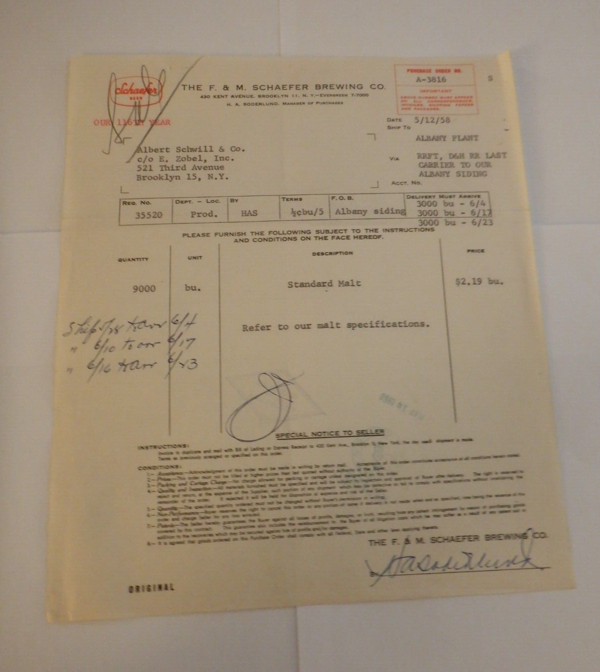 1958 F. & M. SCHAEFER BREWING CO. PURCHASE ORDER to ALBERT SCHWILL CO ...