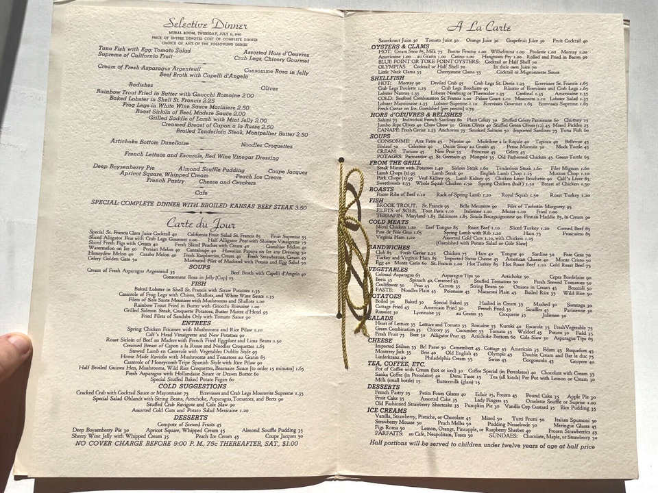 1940's Menu from the St Francis Hotel Mural Room Restaurant in San ...