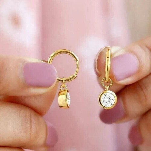 2Ct Round Cut Moissanite Drop Dangle Women's Earrings 14k Yellow Gold ...