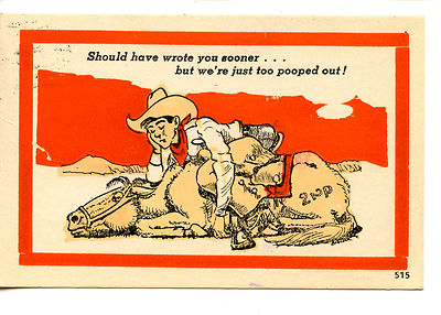 Tired Cowboy Asleep on Back of Horse-Drawn Comic Western Humor Vintage ...