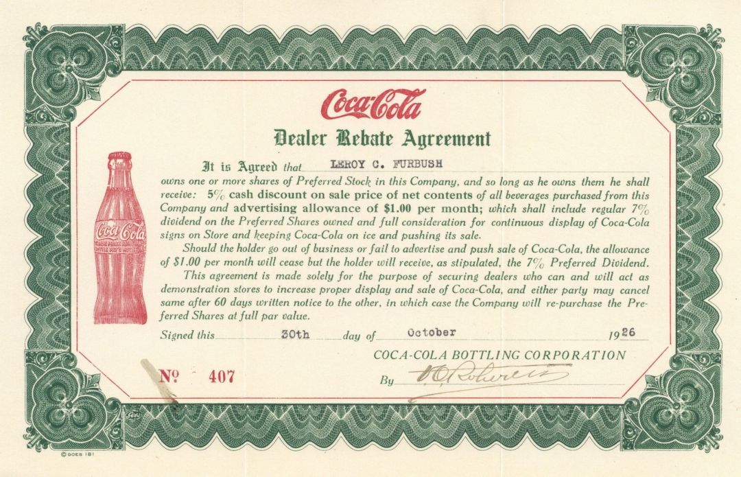 Coca-Cola Bottling Corporation (Coke) - 1926 dated Dealer Rebate ...