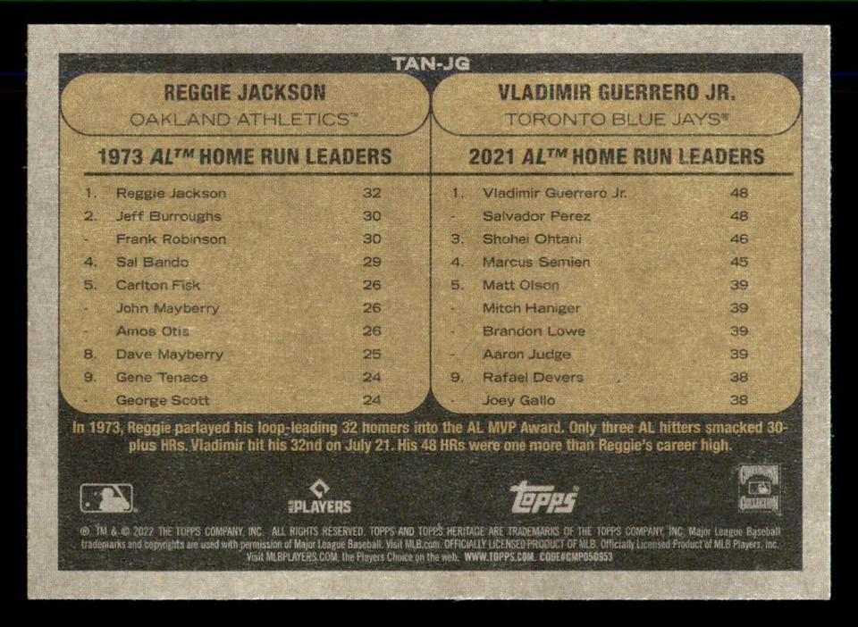 2022 Topps Heritage #TAN-JG Reggie Jackson & Vladimir Guerrero Jr ...
