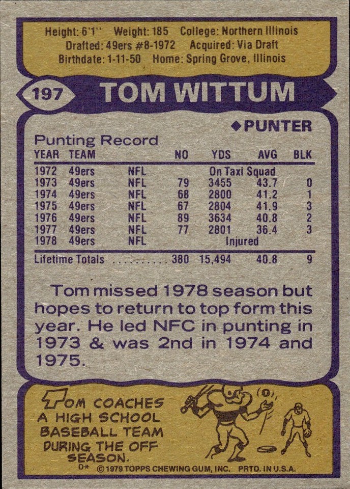 1979 Topps Tom Wittum San Francisco 49ers #197 | eBay