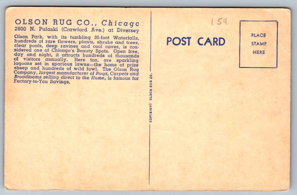 Postcard Waterfalls, Rock Garden, in Park Surrounding Olson Rug Co ...