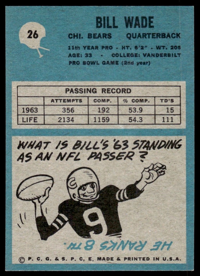 1964 Philadelphia Bill Wade Chicago Bears #26 | eBay