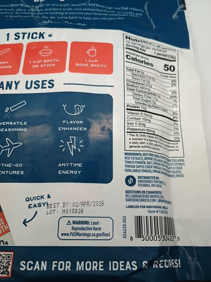 Bare Bones Instant Beef Bone Broth 12 Packets Keto Paleo Snack 10g ...