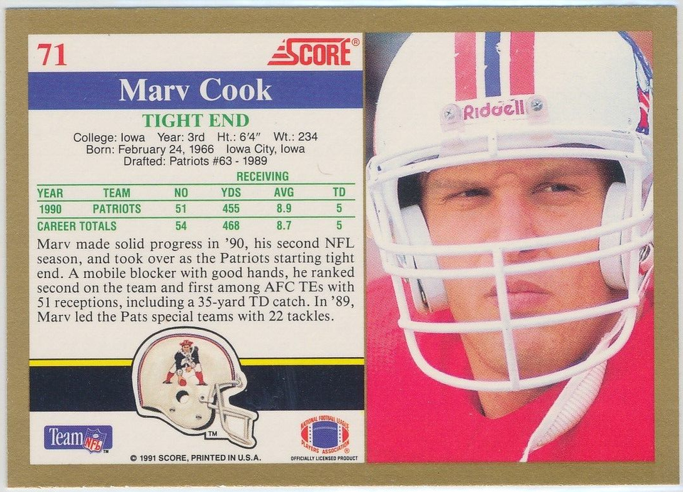 Marv Cook - New England Patriots - 1991 Score Football - Base - #71 | eBay
