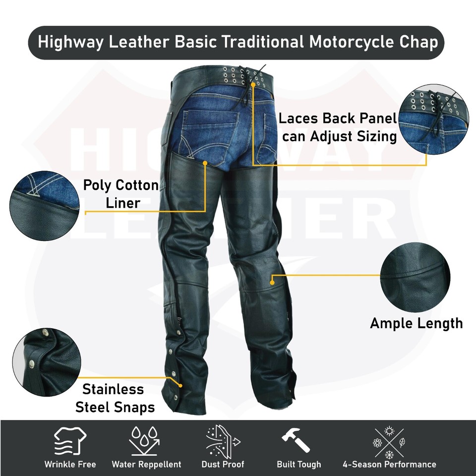 Highway Leather Lined Chaps Motorcycle Riding Bikers Chap Black SKU ...