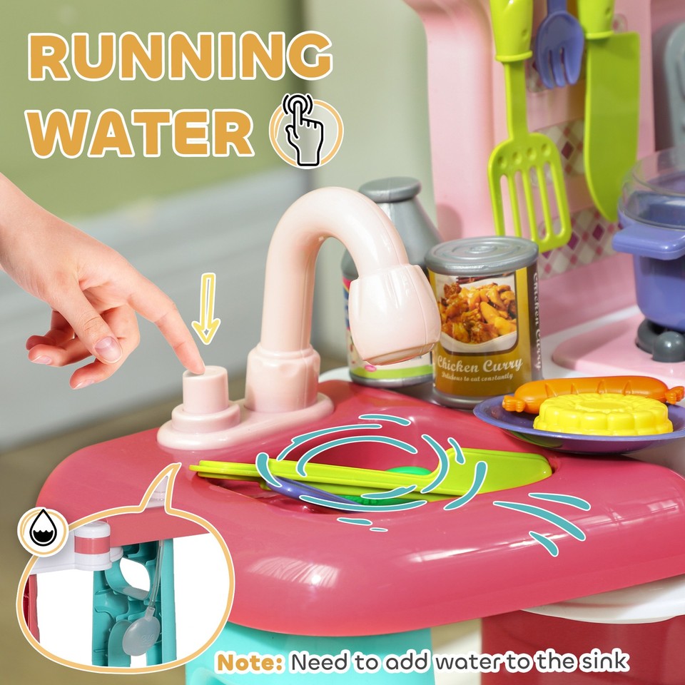 AIYAPLAY 45-Piece Kids Kitchen w/ Rotating Tables, Lights, Sound, Spray ...