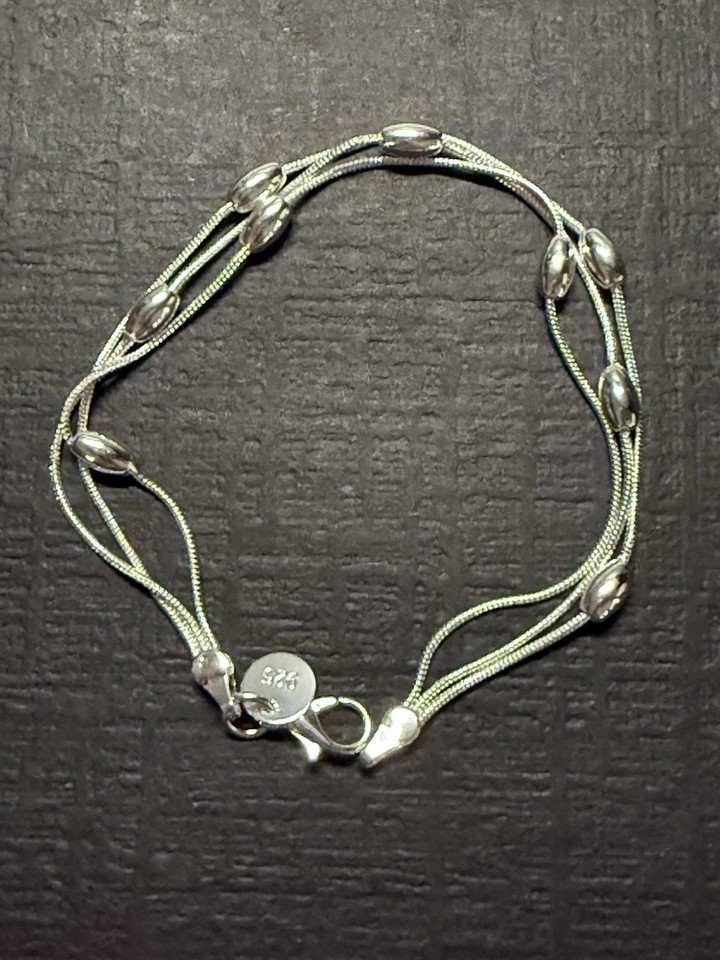 925 Sterling Silver ~ Triple Strand Snake Chain Barrel Beaded ~ 8 ...