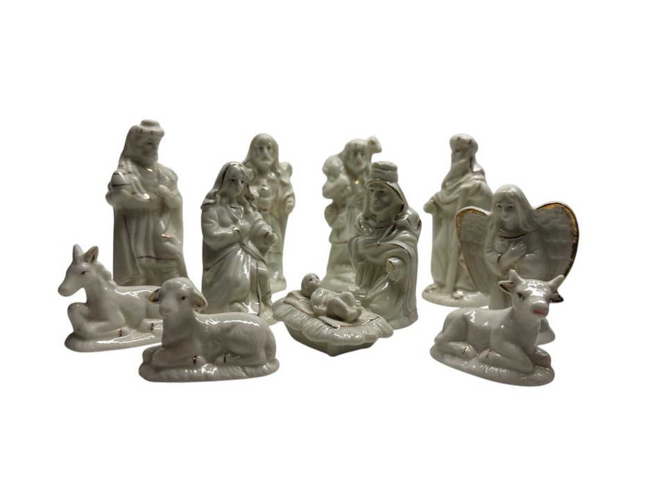 11 Piece Ceramic Nativity Set With Gold Trim Christmas Holiday ...