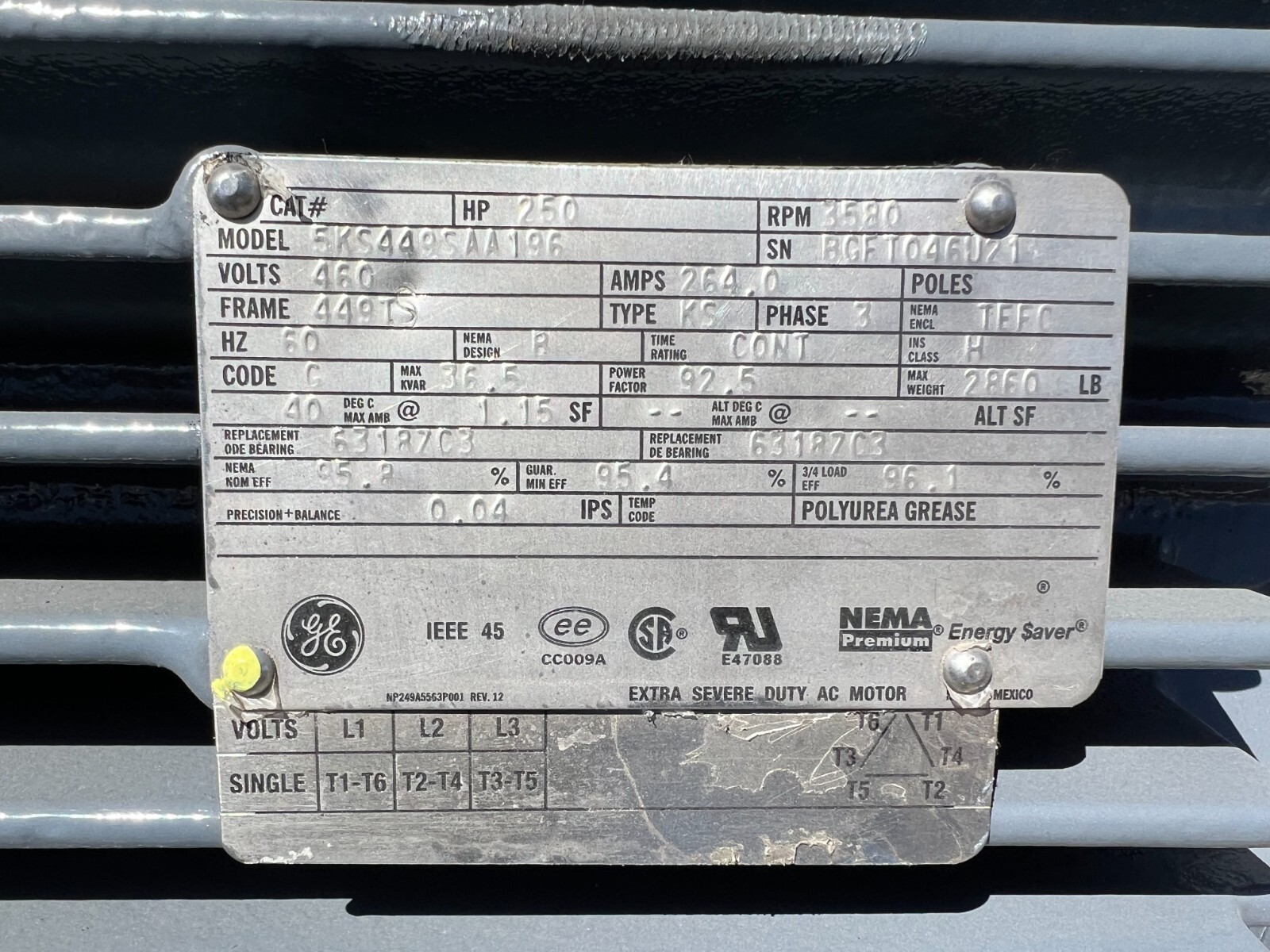 250 HP General Electric AC Electric Motor 3600 RPM Fr 449TS TEFCBB 460 ...