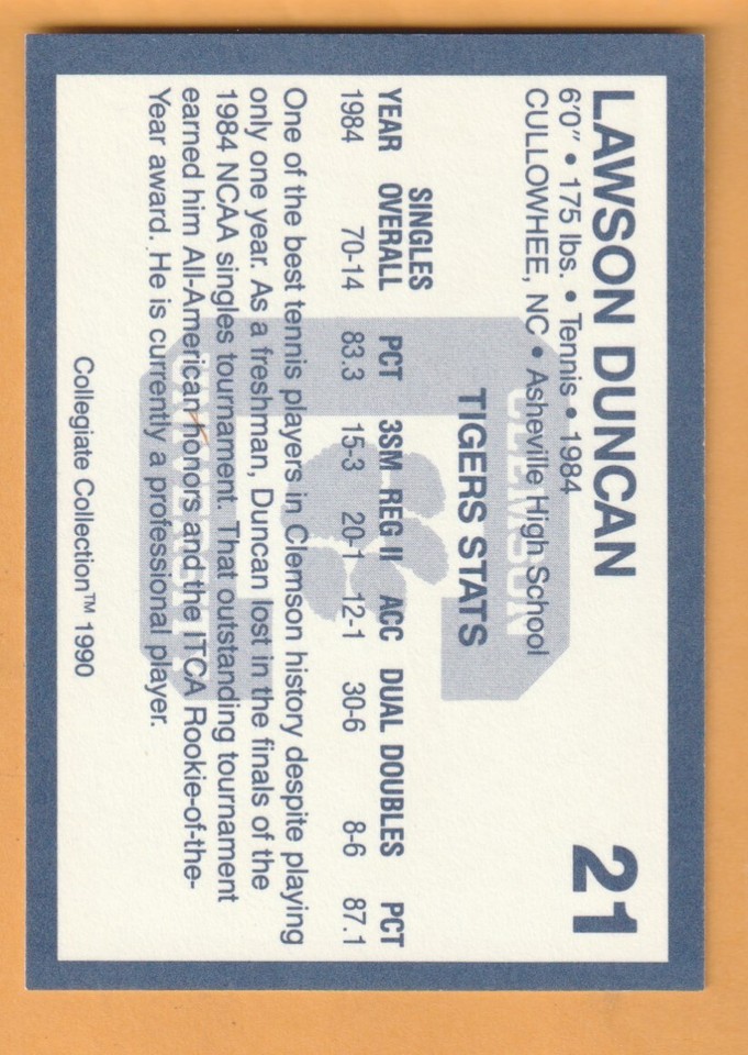 Lawson Duncan Clemson Tigers AUTO Signed 1990 Card Cullowhee North ...