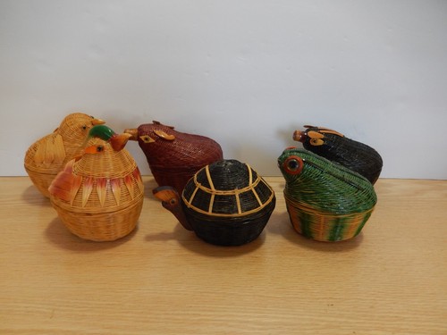 Vintage Miniature Wicker Rattan Animal Basket Set 6 Frog Rooster Hen ...