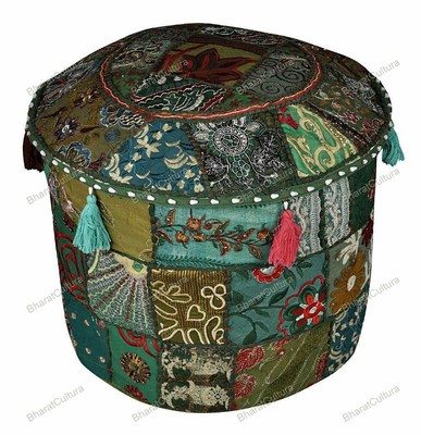 Indian Floral Cotton Green Foot Stool Seating Handcrafted Ottoman Pouf ...