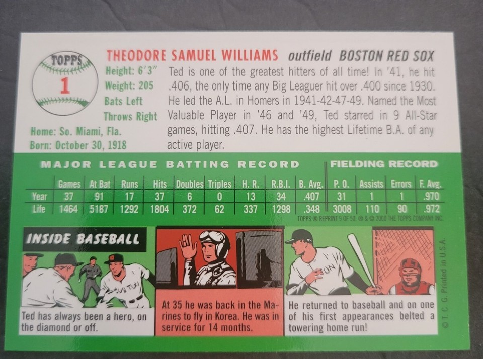 2001 TOPPS THROUGH THE YEARS REPRINTS #9 TED WILLIAMS '54 BOSTON RED ...