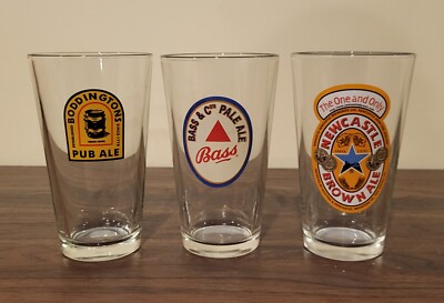 3 England's 16 oz Pint Beer Glasses Bass Pale Ale Boddingtons Newcastle ...