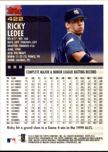 2000 Topps #422 Ricky Ledee New York Yankees | eBay