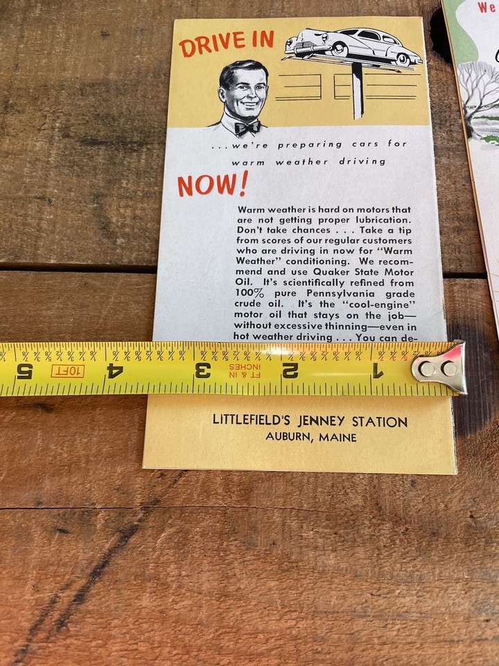 X2 Vtg 1949-50 Quaker Motor Oil JENNEY Gas Station Auburn ME ...