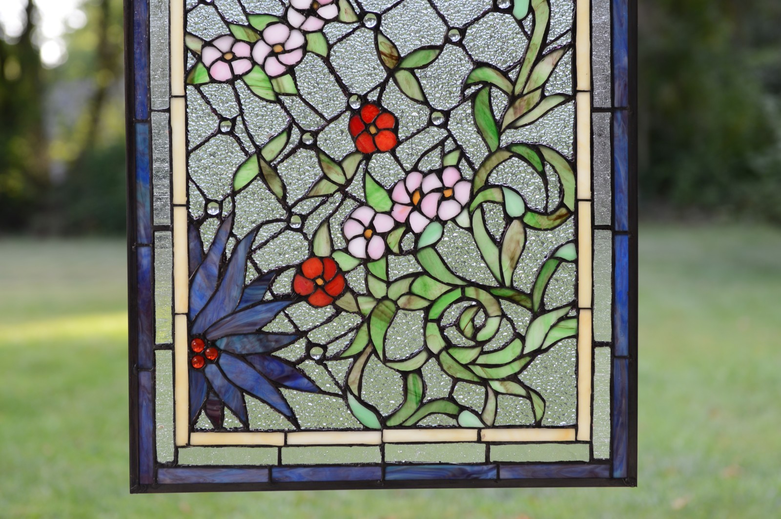20" x 34" Lg Jeweled Tiffany Style Stained glass window panel flower | eBay
