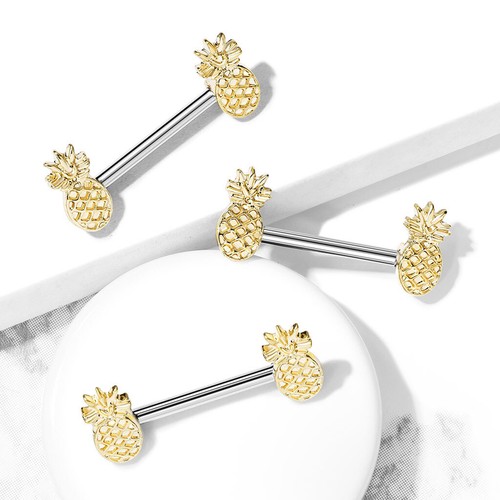 Pair of 14 GA 9/16 Inch Barbell Gold Ion Pineapple Ends Nipple Shield ...