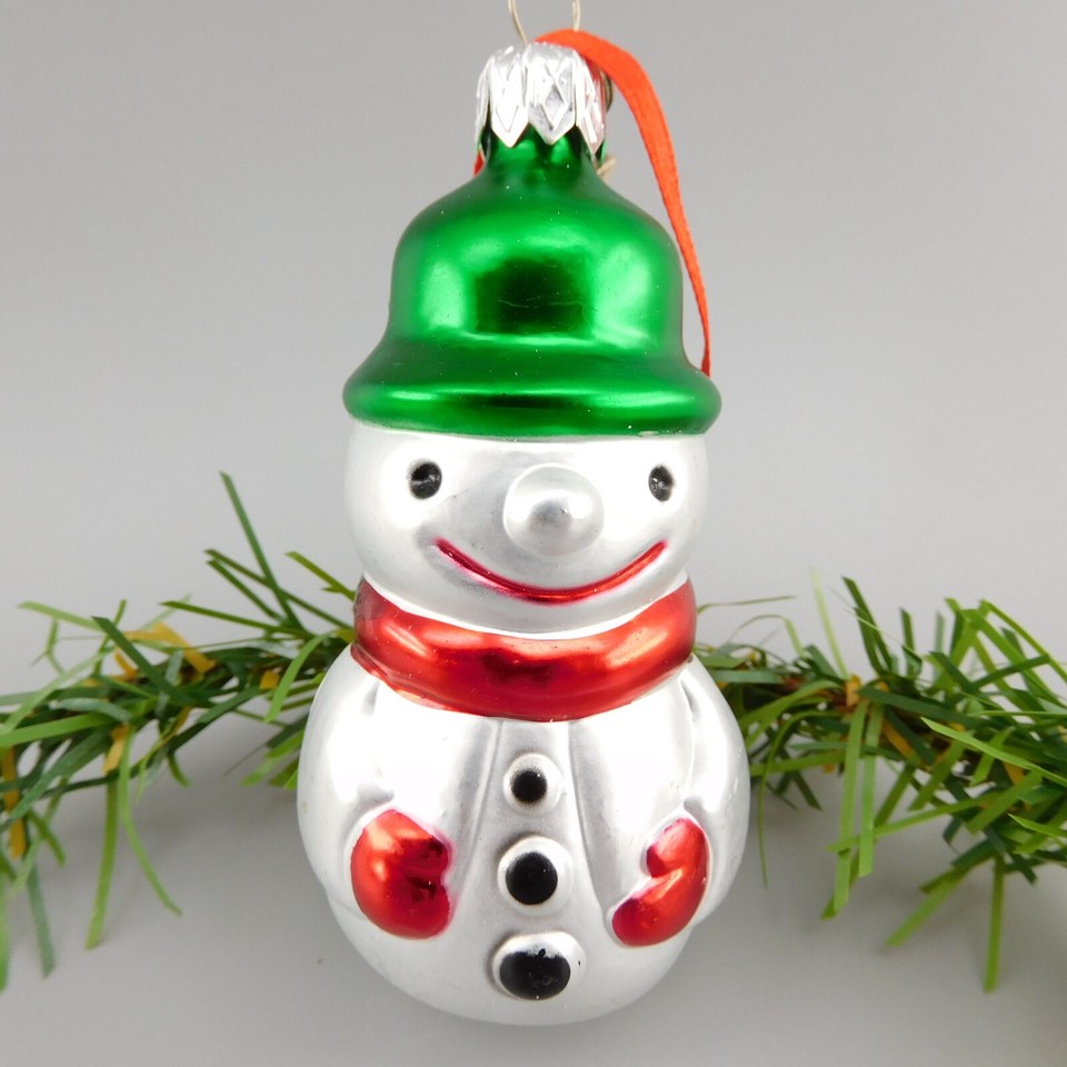 Snowman Ornament Blown Glass Green Derby Bowler Hat Star Charm 3.5"H (j ...
