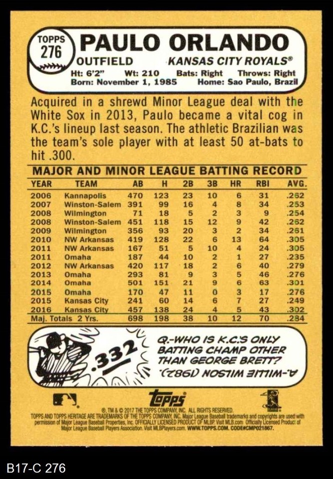 2017 Topps Heritage #276 Paulo Orlando Royals 8 - NM/MT | eBay