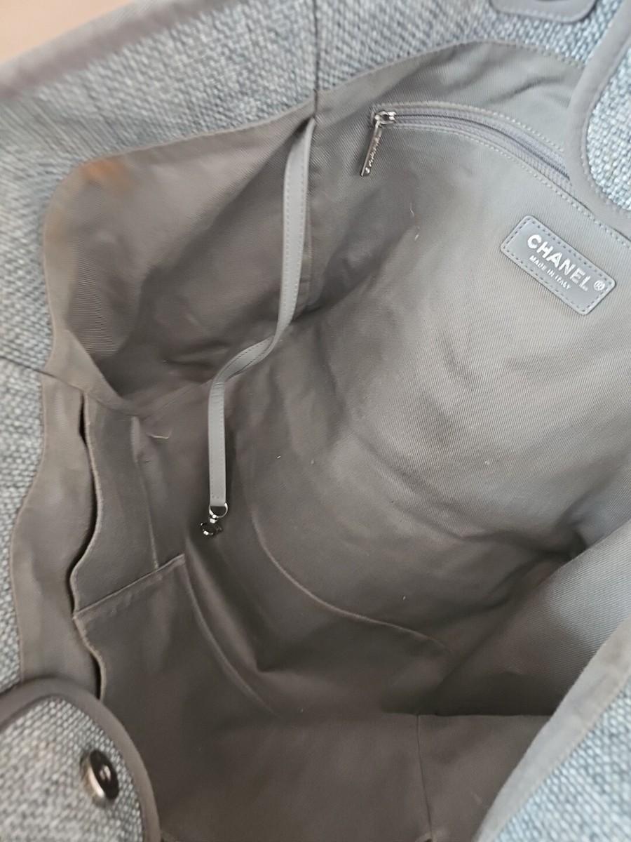 Chanel Gray Raffia Canvas Logo Chain Strap Deauville Tote Chanel Gray Raffia Canvas Logo Chain Strap Deauville Tote