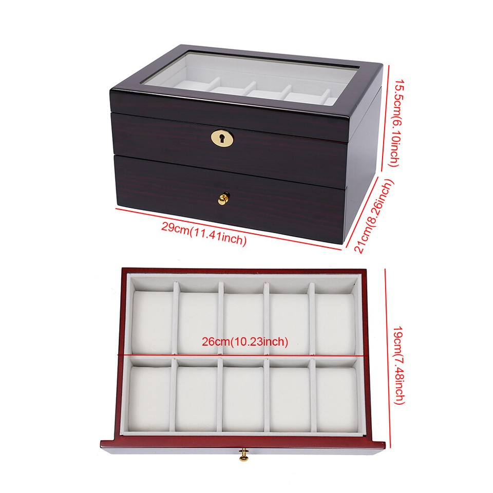 20 Slot Wood Watch Box Display Case Glass Top Jewelry Storage Organizer ...