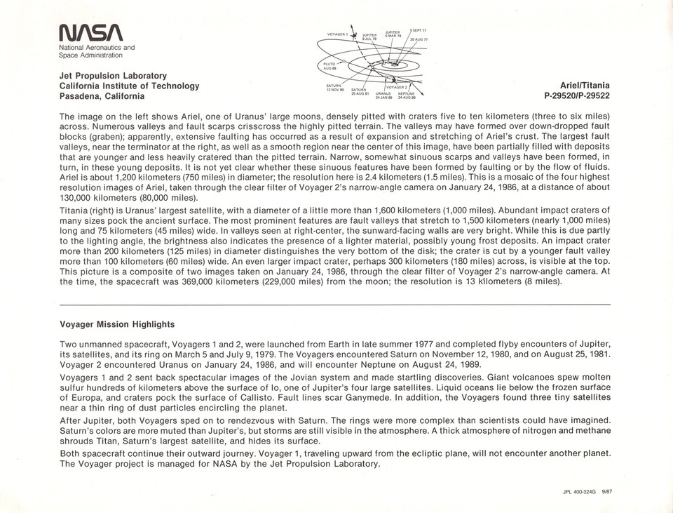 JPL Voyager 2 Ariel Titania Uranus Flyby NASA 1986 - Original Litho ...