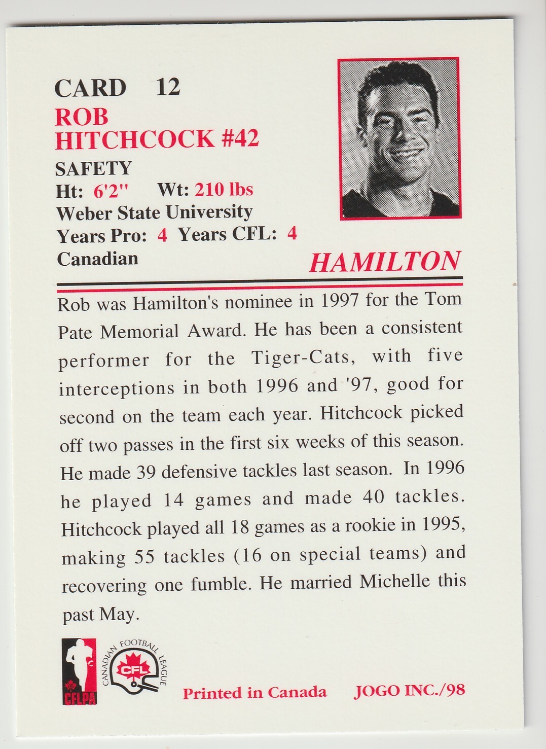 1998 Jogo CFL Rob Hitchcock Card #12 Hamilton Tiger-Cats Weber State | eBay
