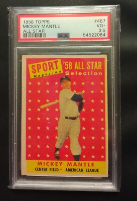 1958 TOPPS All-Star MICKEY MANTLE BASEBALL CARD #487 ~ PSA 3.5 VG+ PSA ...