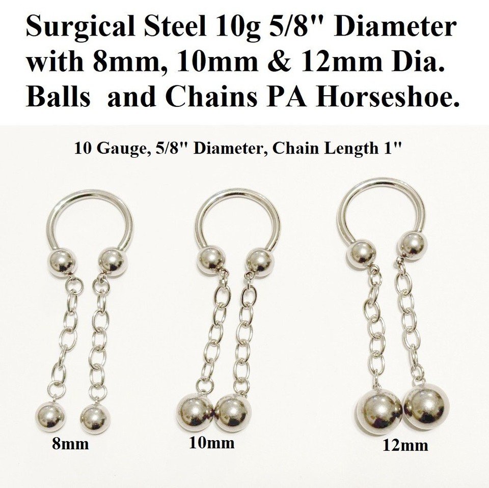 8, 10 & 12mm Balls n Chain PA Horseshoe Surgical Steel 10g 5/8 ...