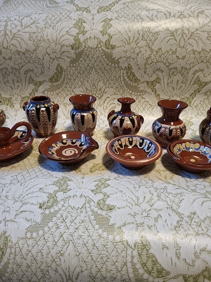 Vtg lot of 11 mini Bulgarian Troyan Pottery Vases bowls Terra Cotta ...