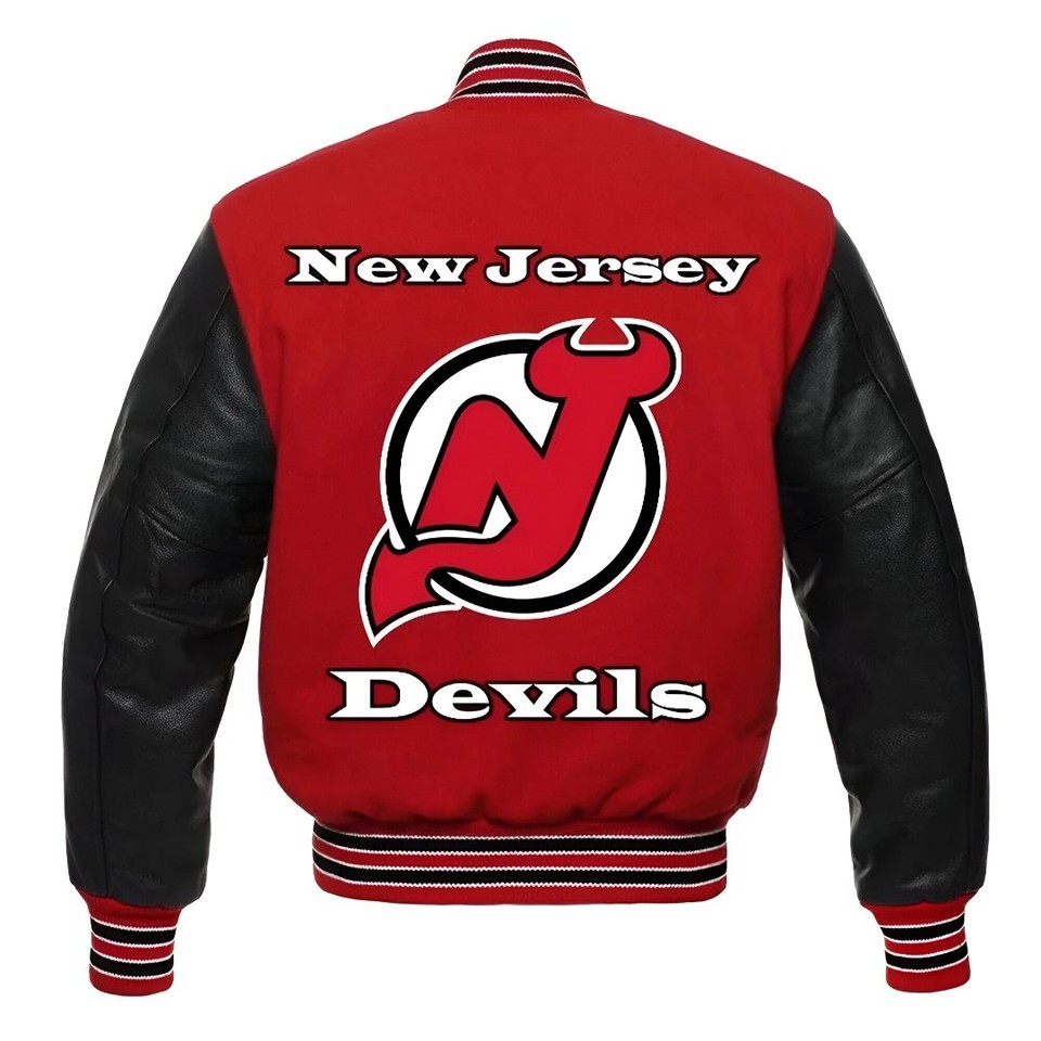New Jersey Devils Red Body Black Leather Varsity Letterman Jacket Men ...