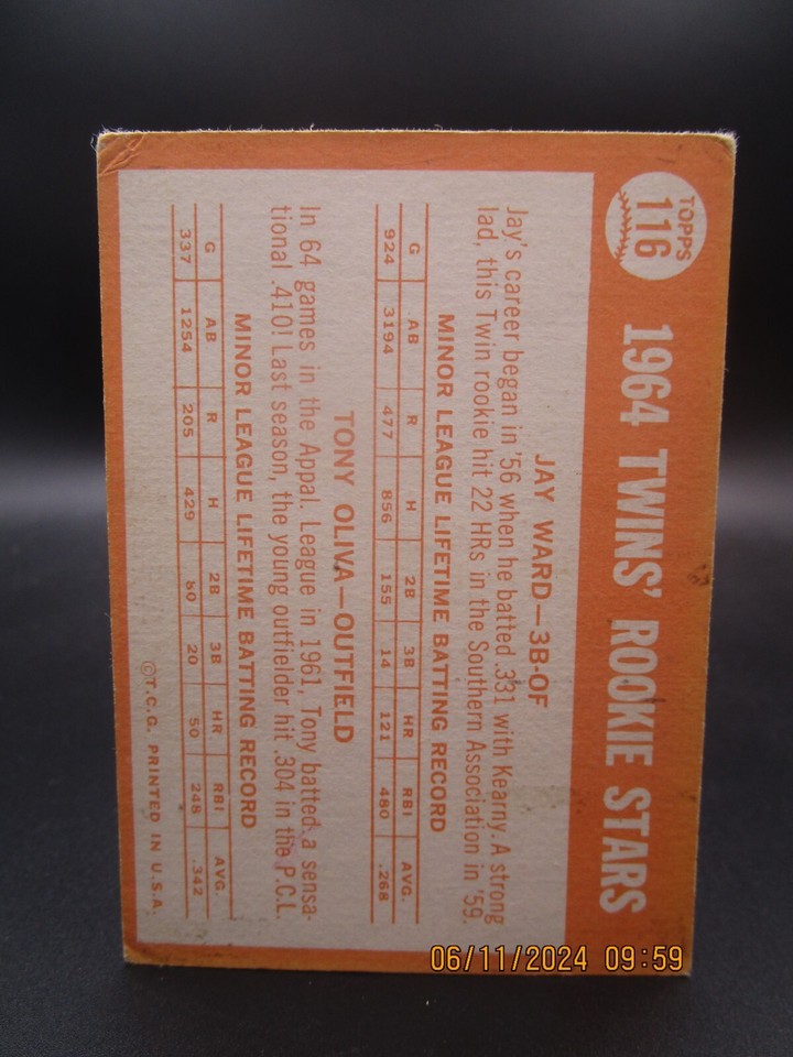 1964 Topps Baseball Twins Rookie Card Jay Ward / Tony Oliva #116 ...