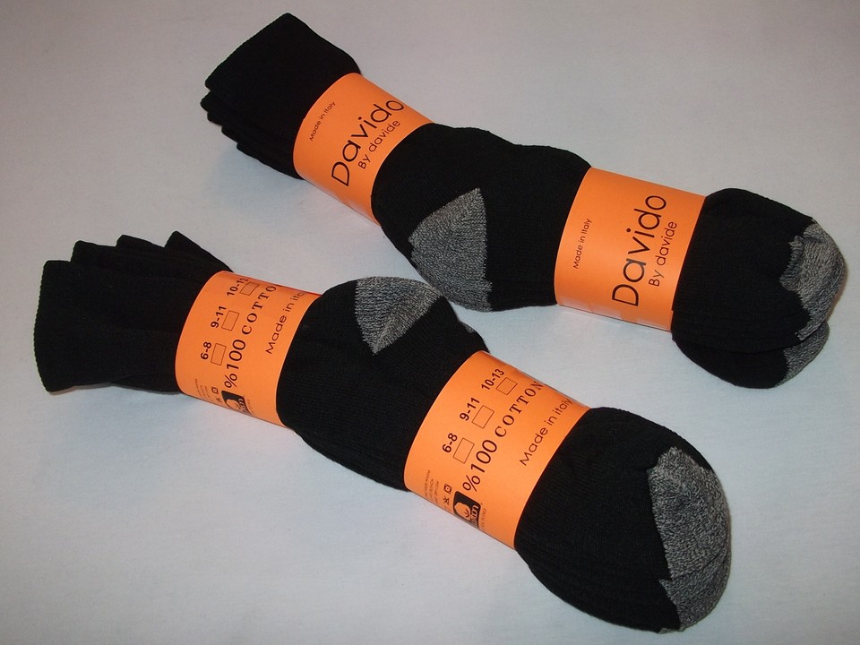 Davido Mens socks crew made in Italy 100% cotton 6 pack black /gray ...