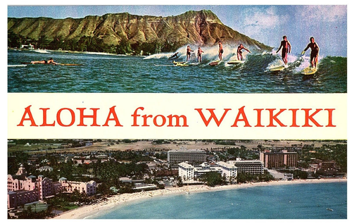 Aloha from Hawaii Split View Surfing Aerial View Waikiki Hawaii ...