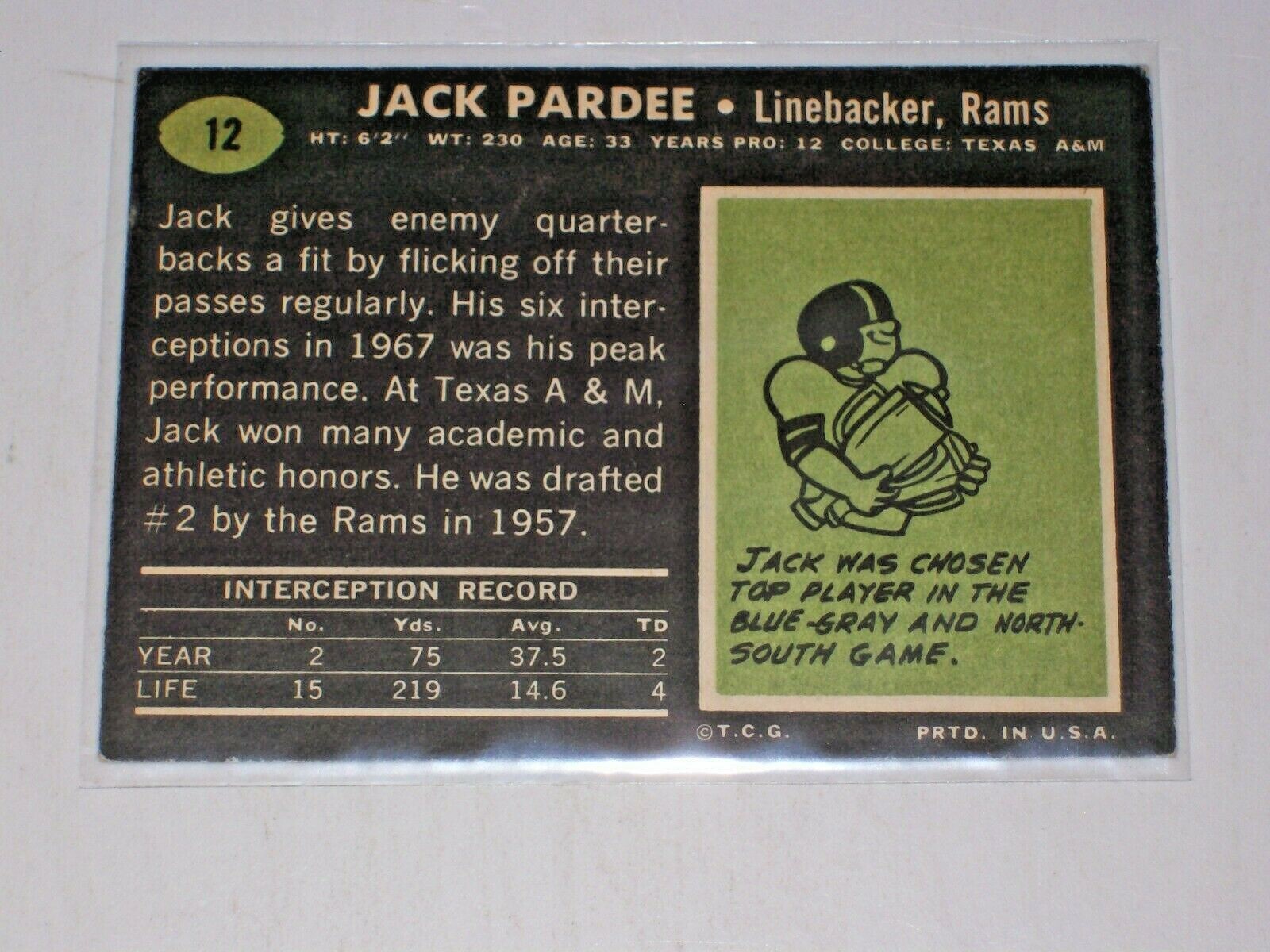 1969 Topps 12 Jack Pardee Los Angeles Rams VG/EX Centered Clean No ...