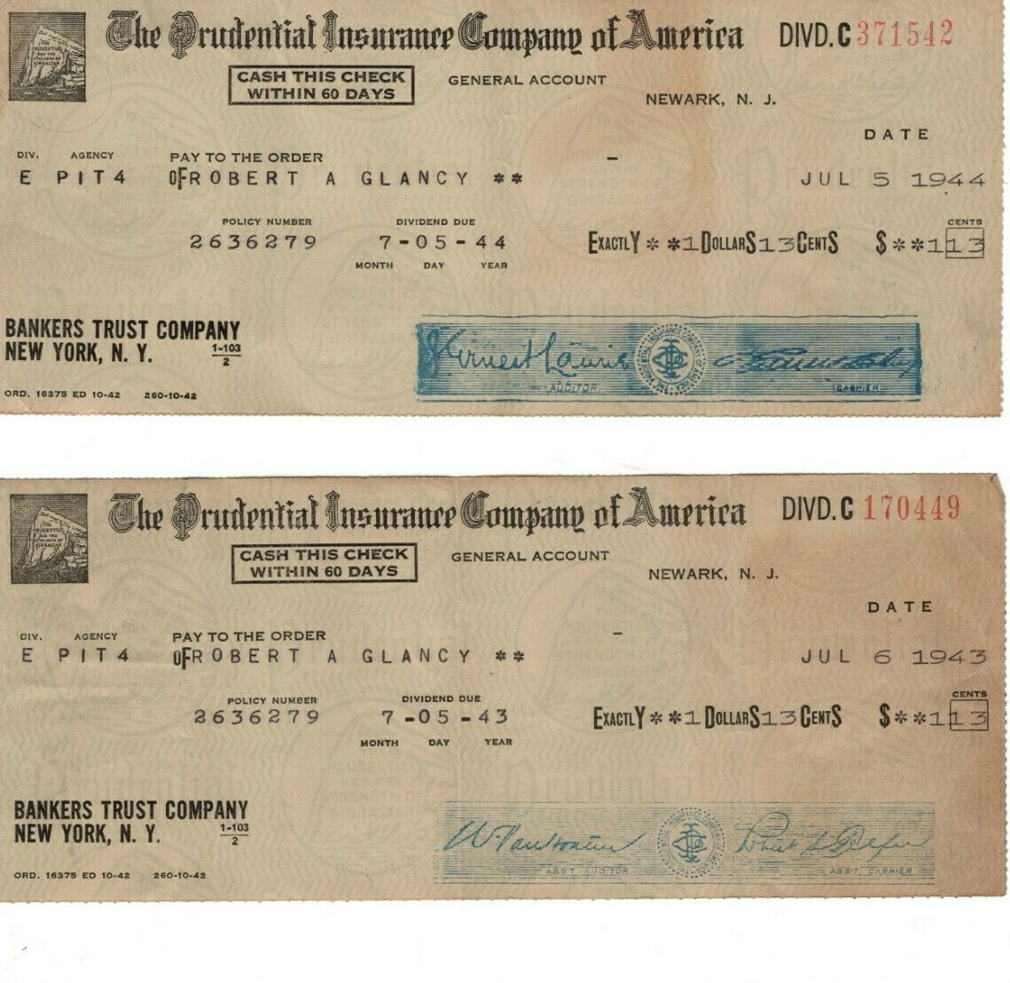 Vintage Prudential Insurance Company of America Bankers Trust Checks ...