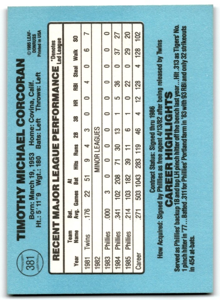 1986 Donruss Tim Corcoran Philadelphia Phillies #381 | eBay