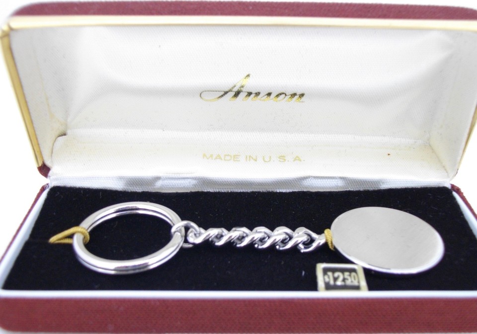 Key ring holder Anson round plaque charm silvertone engraveable groom ...