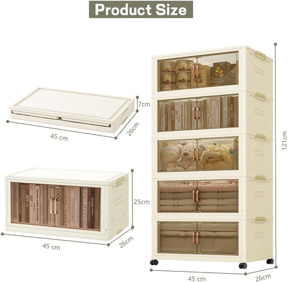 Storage Bins with Lid 5 Pack 30L Beige Stackable Plastic and Wheels ...