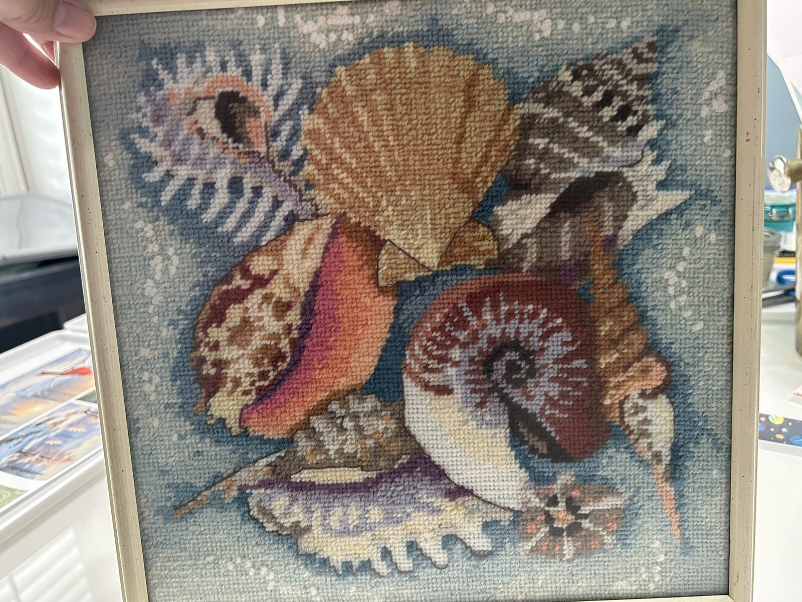 completed needlepoint framed Vintage Pastel Seashells 12x12 | eBay