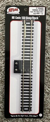 Atlas Track Code 100 Nickel Silver Rail 9" straight terminal track HO ...