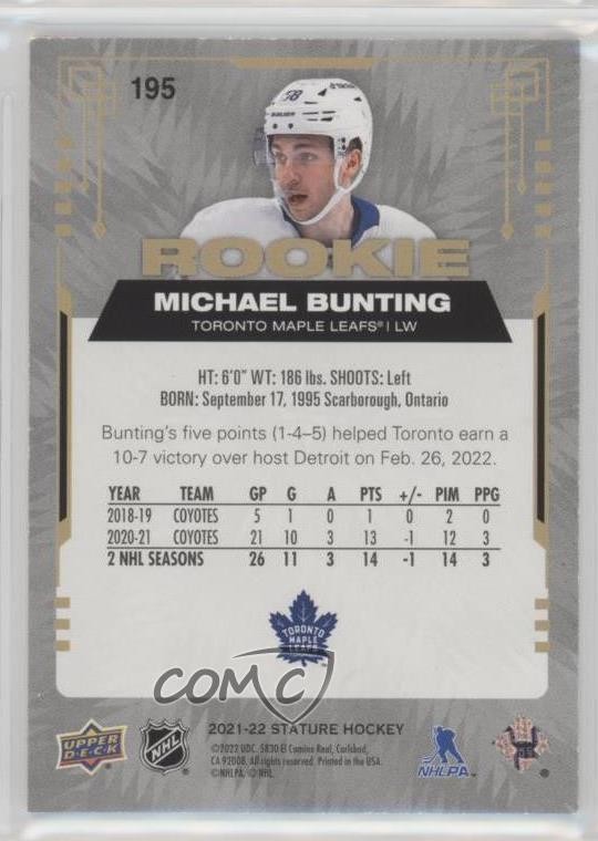 2021-22 Upper Deck Stature Rookies 200/399 Michael Bunting #195 0b1f | eBay