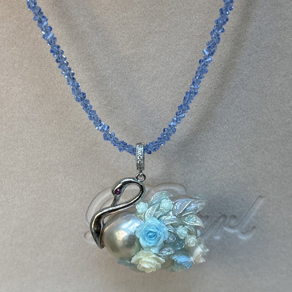 Handmade Baroque Pearl Pendant Swan Floral Carved Shell Necklace Blue ...