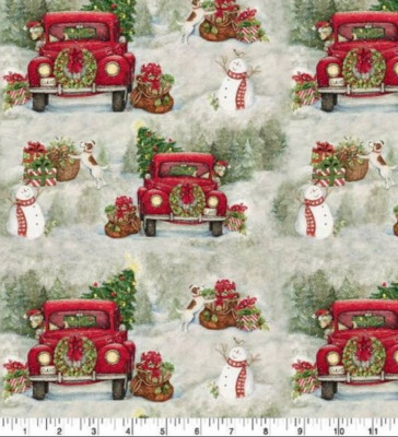 Fabric Christmas Susan Winget Red Truck Country Snowmen 100% Cotton 1 3 ...
