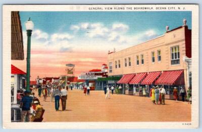 1944 OCEAN CITY NJ GENERAL BOARDWALK VIEW STRAND THEATRE VINTAGE LINEN ...
